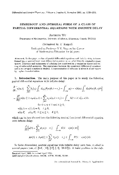 (PDF) Semigroup and integral form of class of partial differential equations with infinite delay