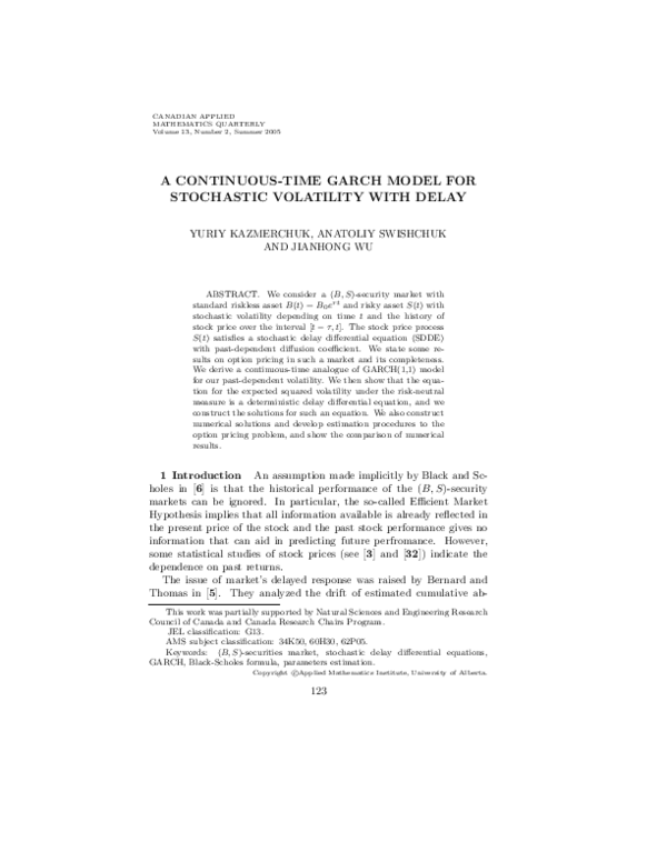 (PDF) A continuous-time GARCH model for stochastic volatility with delay