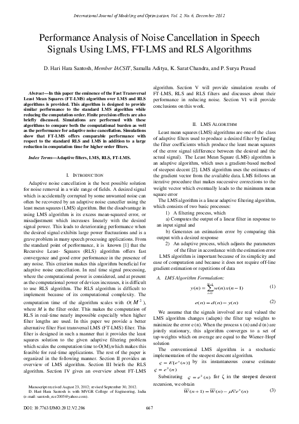 Pdf Performance Analysis Of Noise Cancellation In Speechsignals Using Lms Ft Lms And Rls