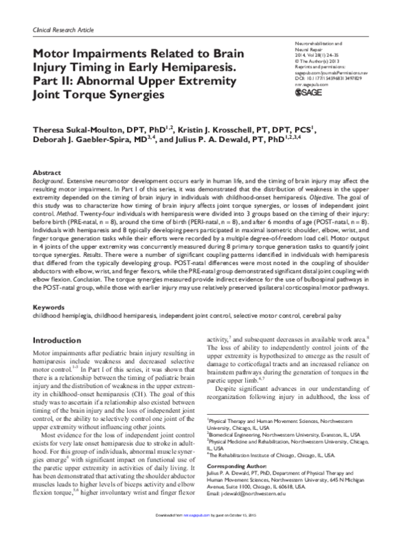 (PDF) Motor Impairments Related to Brain Injury Timing in Early ...