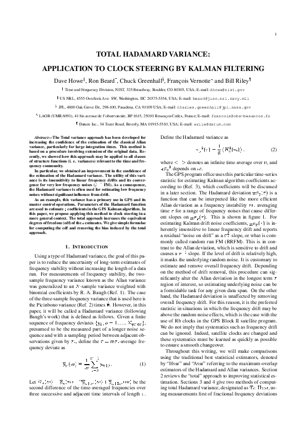 (PDF) Total Hadamard Variance: Application to Clock Steering by Kalman Filtering