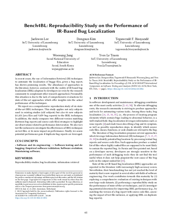 (PDF) Bench4BL: reproducibility study on the performance of IR-based bug localization