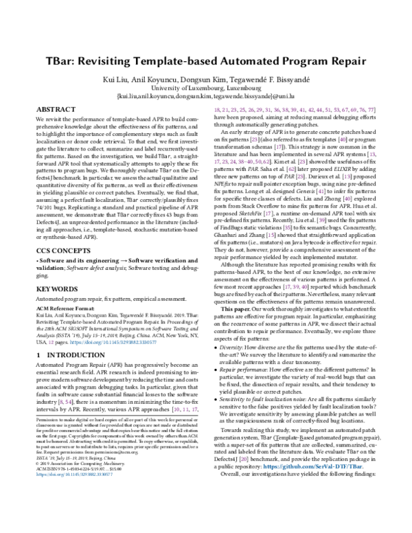 (PDF) TBar: revisiting template-based automated program repair