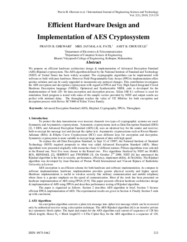 Pdf Efficient Hardware Design And Implementation Of Aes Cryptosystem