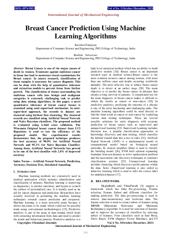 (PDF) Breast Cancer Prediction Using Machine Learning Algorithms