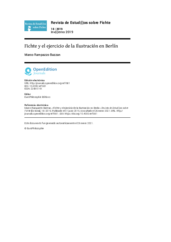 (PDF) Fichte y el ejercicio de la Ilustración en Berlín