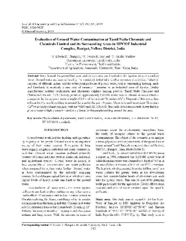 (PDF) Evaluation of Ground Water Contamination at Tamil Nadu Chromate ...