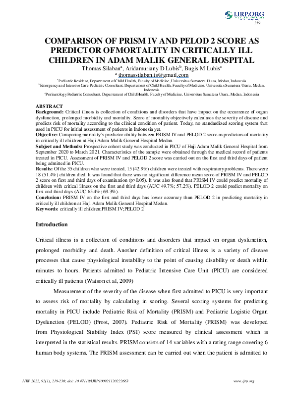 (PDF) Comparison of Prism IV and Pelod 2 Score as Predictor of ...