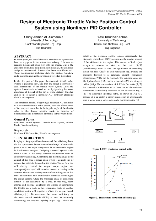(PDF) Design of Electronic Throttle Valve Position Control System using Nonlinear PID Controller
