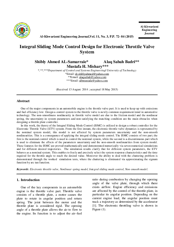 (PDF) Integral Sliding Mode Control Design for Electronic Throttle ...