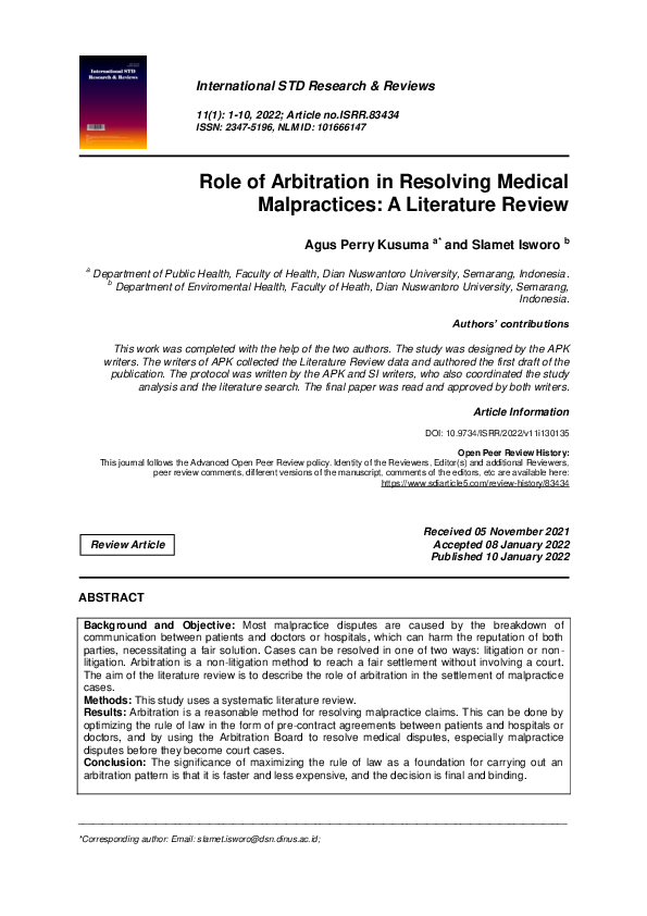 (PDF) Role of Arbitration in Resolving Medical Malpractices : A ...