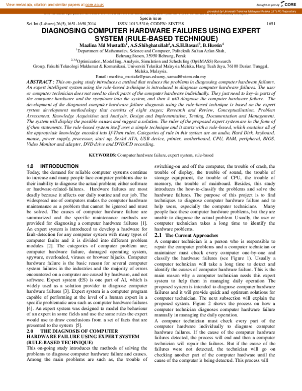 (PDF) Diagnosing Computer Hardware Failures Using Expert System (Rule-Based Technique)