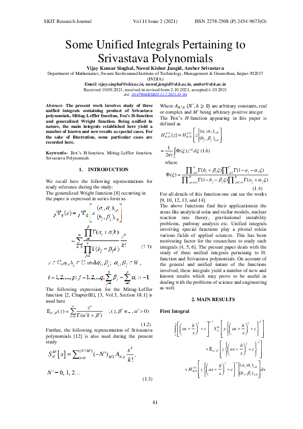 (PDF) Some Unified Integrals Pertaining to Srivastava Polynomials