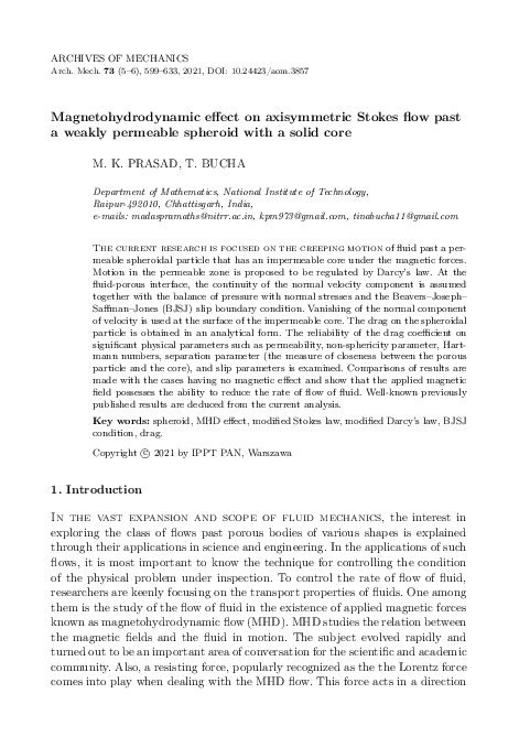 (PDF) Magnetohydrodynamic effect on axisymmetric Stokes flow past a weakly permeable spheroid ...