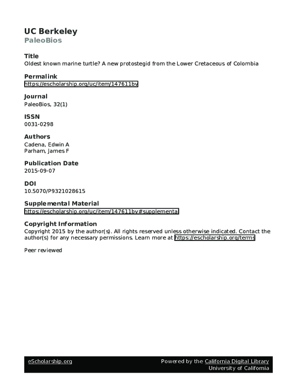 (PDF) UC Berkeley PaleoBios Title Oldest known marine turtle? A new ...