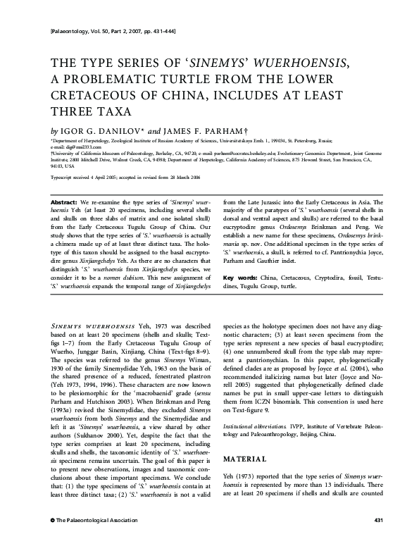 (PDF) The Type Series of ?Sinemys?Wuerhoensis, a Problematic Turtle ...