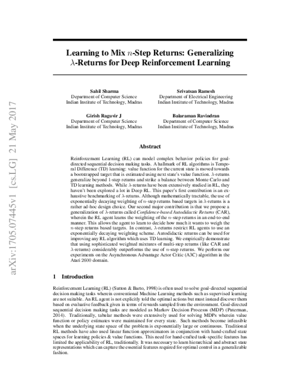 (PDF) Learning to Mix n-Step Returns: Generalizing lambda-Returns for Deep Reinforcement Learning