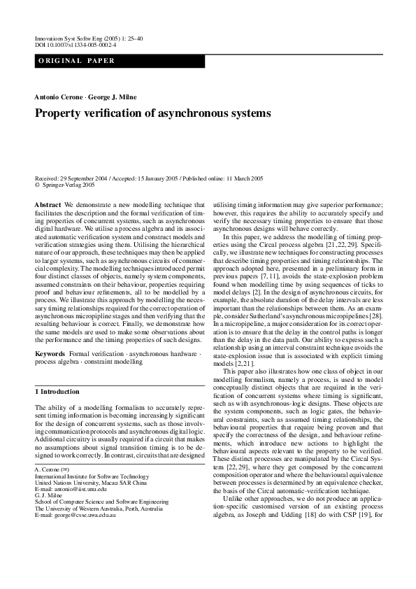 Pdf Property Verification Of Asynchronous Systems Antonio Cerone 