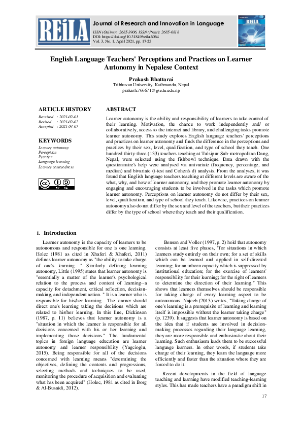 (PDF) English Language Teachers' Perceptions and Practices on Learner Autonomy in Nepalese Context