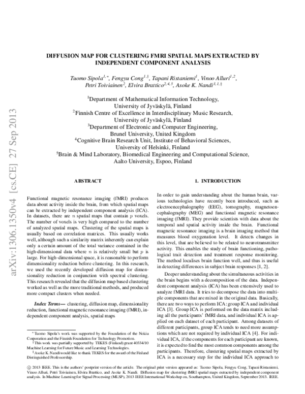 (PDF) Diffusion map for clustering fMRI spatial maps extracted by independent component analysis
