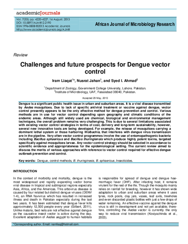 (PDF) Challenges and future prospects for Dengue vector control