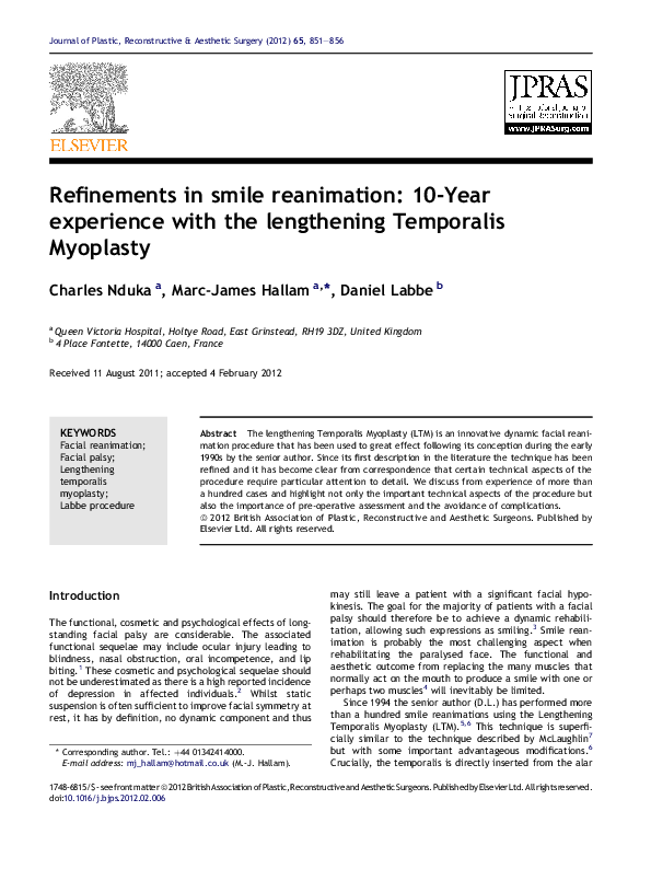 (PDF) Refinements in smile reanimation: 10-Year experience with the ...