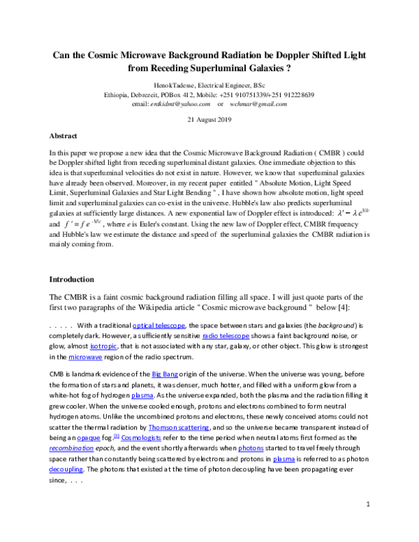 (PDF) Can the Cosmic Microwave Background Radiation be Doppler Shifted ...