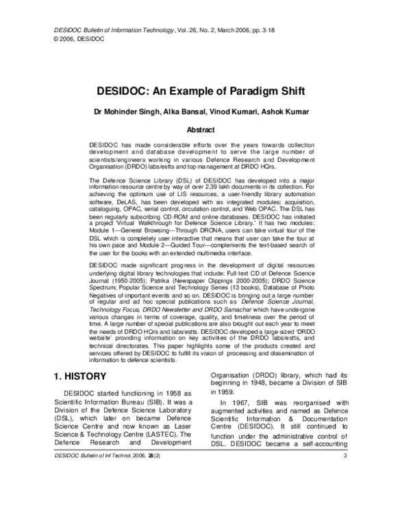 (PDF) DESIDOC: Evolution of Defence Information Services