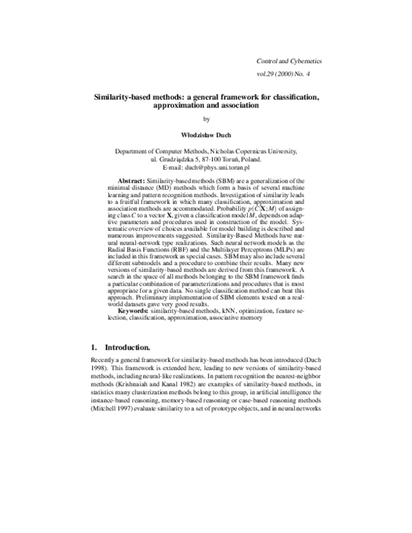 Pdf Similarity Based Methods A General Framework For Classification