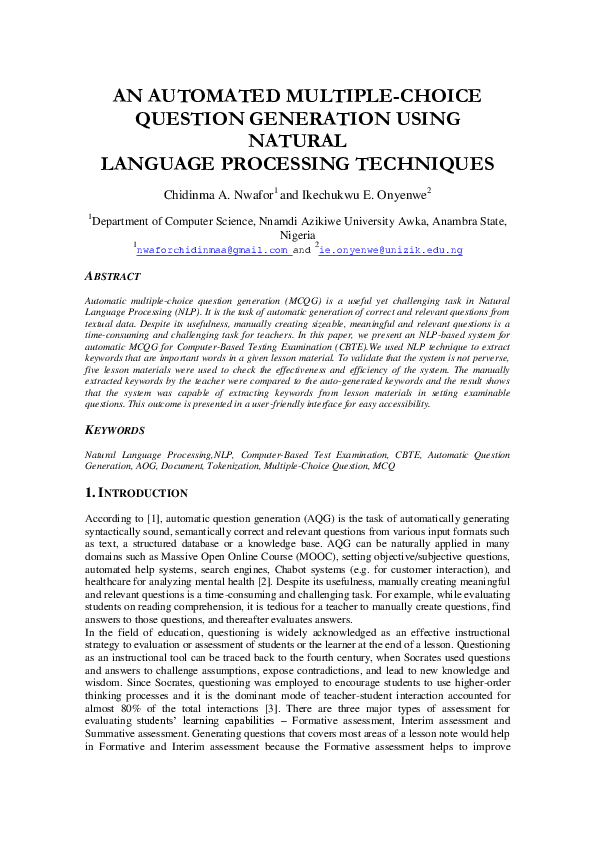 (PDF) An Automated Multiple-Choice Question Generation using Natural Language Processing Techniques