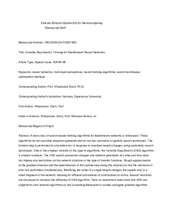 Pdf Variable Step Search Algorithm For Feedforward Networks