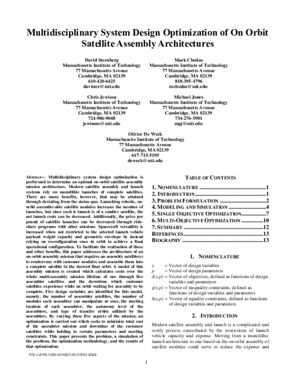(PDF) Multidisciplinary system design optimization of on orbit satellite assembly architectures