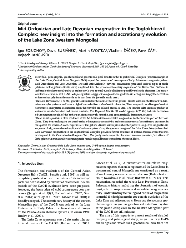 (PDF) Mid-Ordovician and Late Devonian magmatism in the Togtokhinshil Complex: new insight into ...