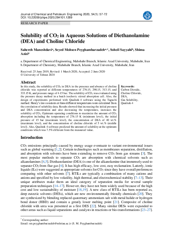(PDF) Solubility of CO2 in aqueous solutions of diethanolamine (DEA) and choline chloride