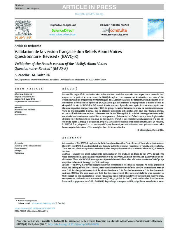 (PDF) Validation de la version française du « Beliefs About Voices ...