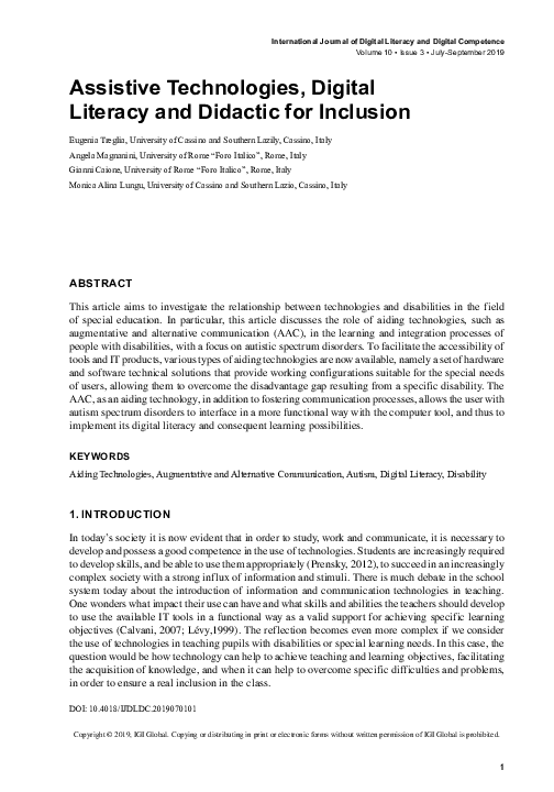 (PDF) Assistive Technologies, Digital Literacy and Didactic for Inclusion