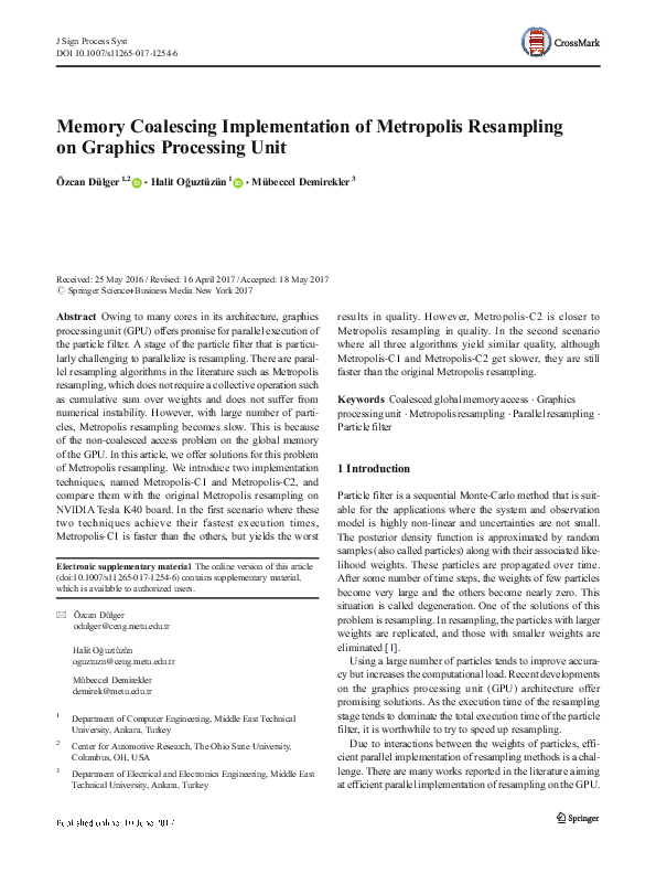 (PDF) Memory Coalescing Implementation of Metropolis Resampling on Graphics Processing Unit