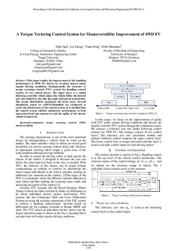 (PDF) A Torque Vectoring Control System for Maneuverability Improvement of 4WD EV