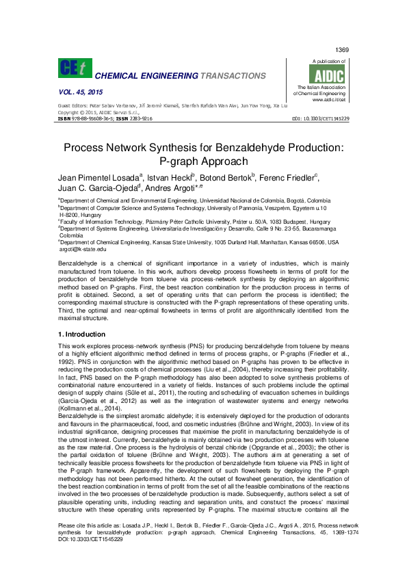 (PDF) Process network synthesis for benzaldehyde production: P-graph approach
