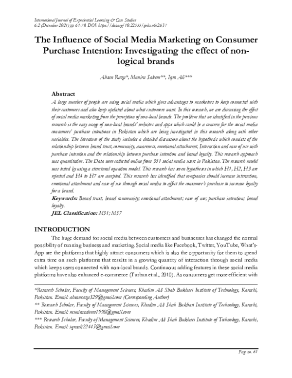 (PDF) The influence of Social media marketing on consumer purchase intention: investigating the ...