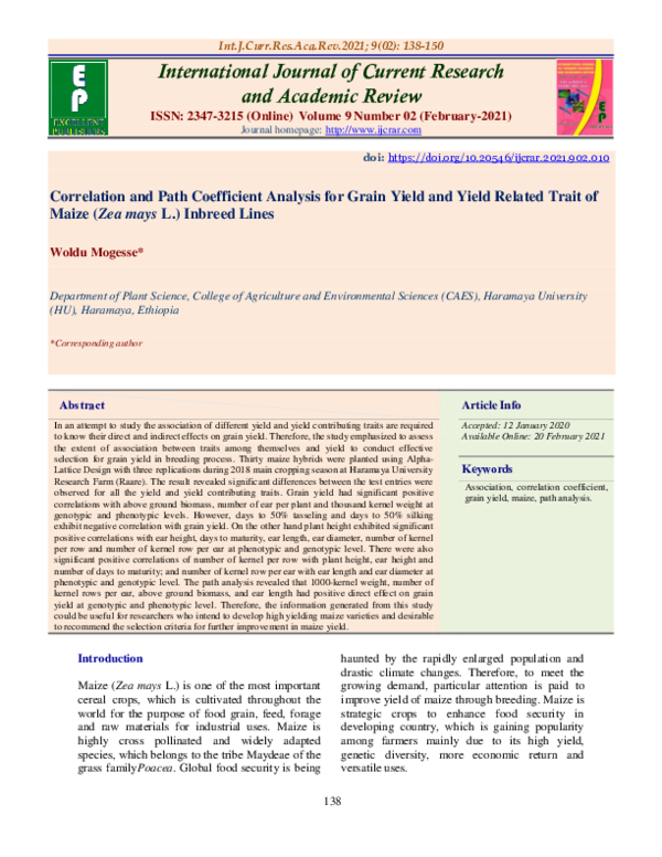 Pdf Correlation And Path Coefficient Analysis For Grain Yield And Yield Related Trait Of Maize