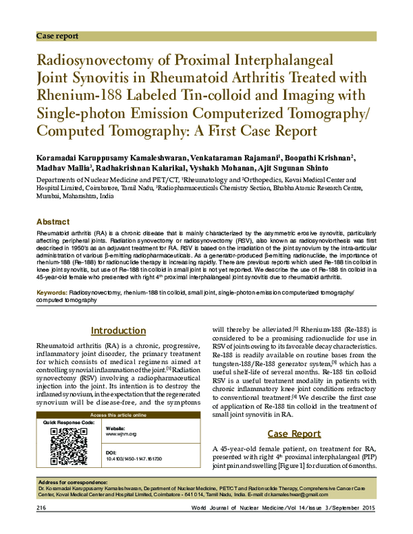 (PDF) Radiosynovectomy of Proximal Interphalangeal Joint Synovitis in ...
