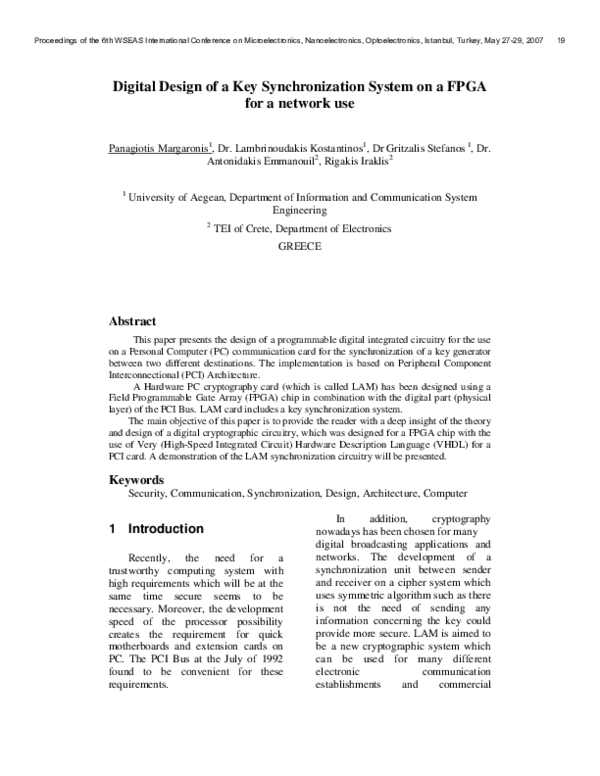 (PDF) Digital Design of a Key Synchronization System on a FPGA for a network use | Gritzalis ...