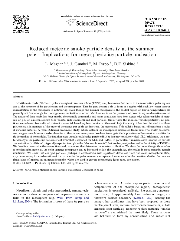 (PDF) Reduced meteoric smoke particle density at the summer pole ...