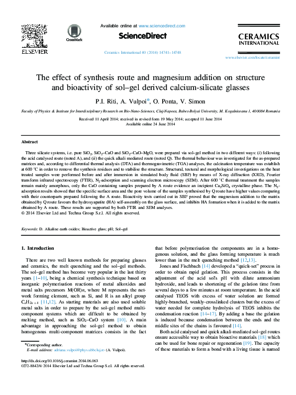 (PDF) The effect of synthesis route and magnesium addition on structure and bioactivity of sol ...