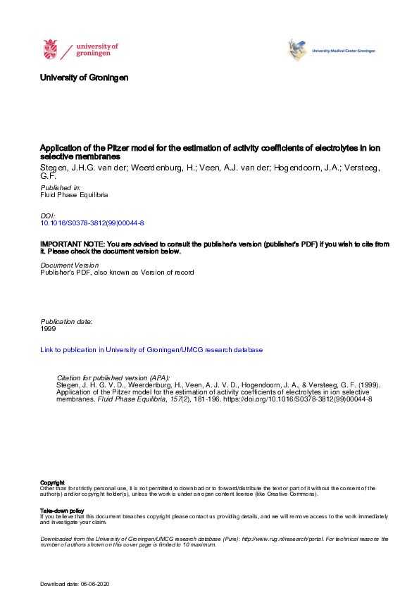 (PDF) Application of the Pitzer model for the estimation of activity ...