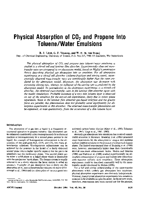 (PDF) Physical absorption of CO2 and propene into toluene/water emulsions