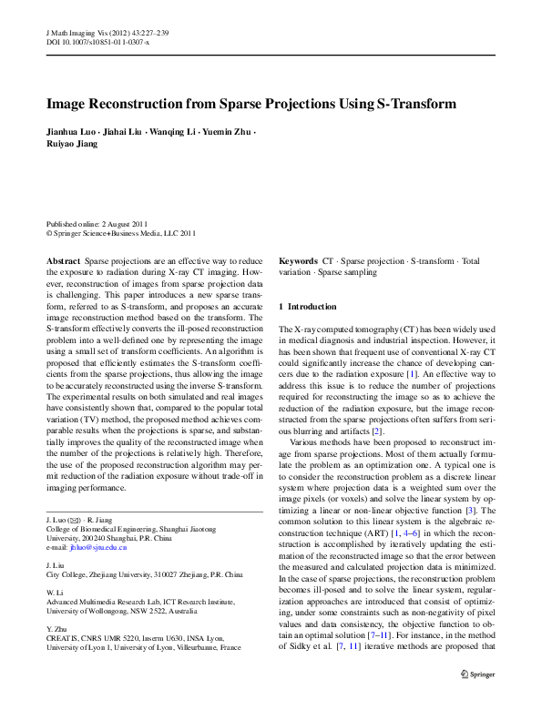 Pdf Image Reconstruction From Sparse Projections Using S Transform