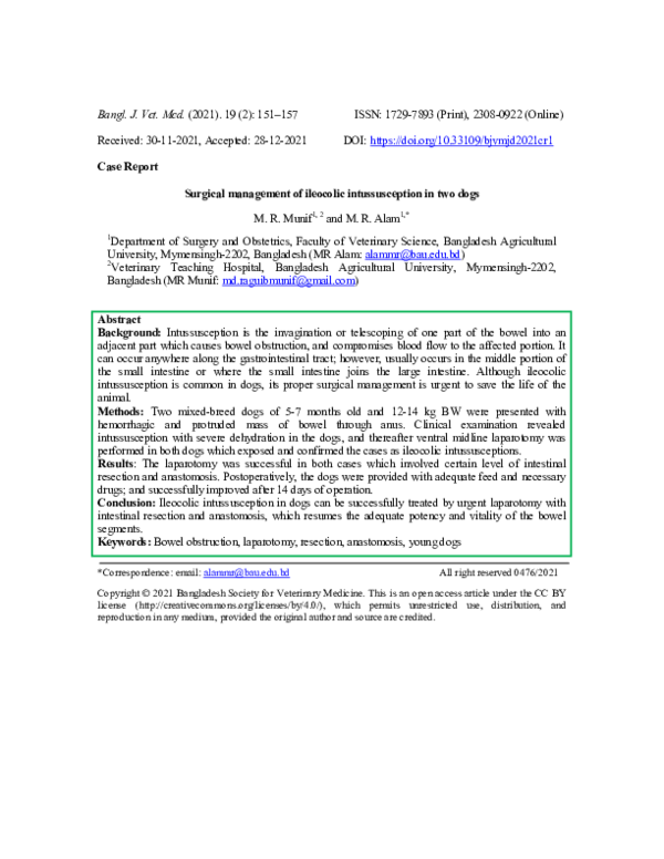 (PDF) Surgical management of ileocolic intussusception in two dogs