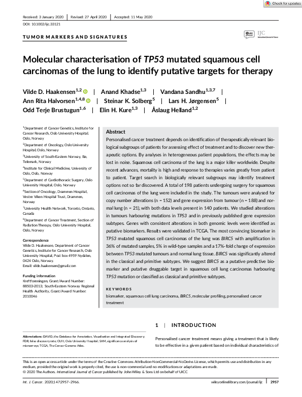 (PDF) Molecular characterisation of TP53 mutated squamous cell carcinomas of the lung to ...